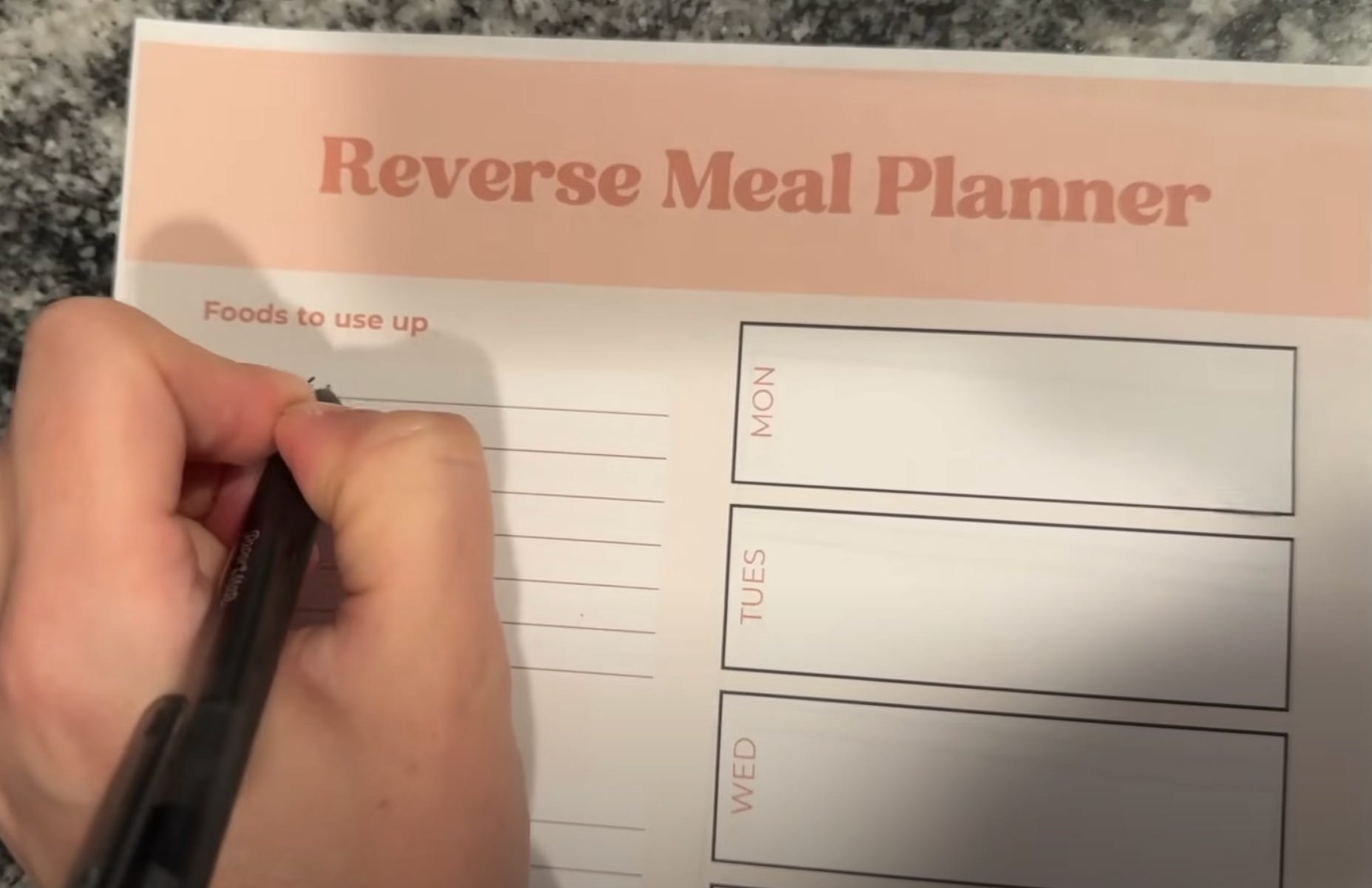 Reverse Meal Planning Printable Sheet