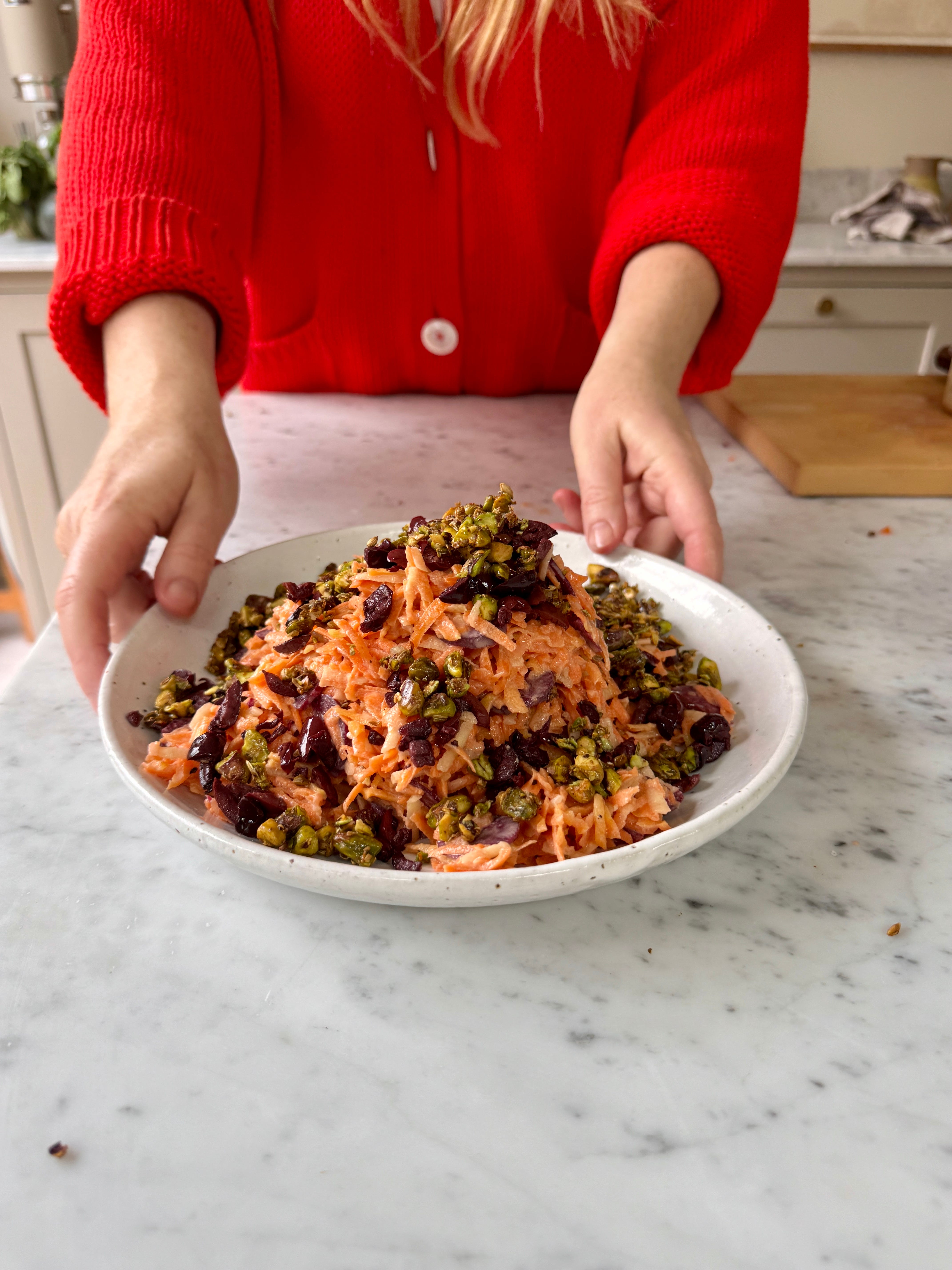 Carrot, crispy olive and pistachio salad