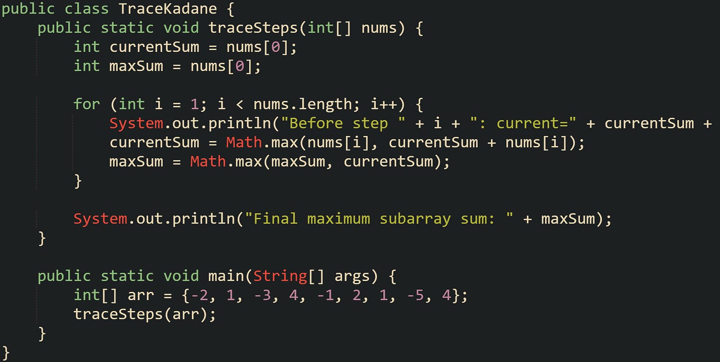 Kadane's Algorithm for Maximum Subarray in Java