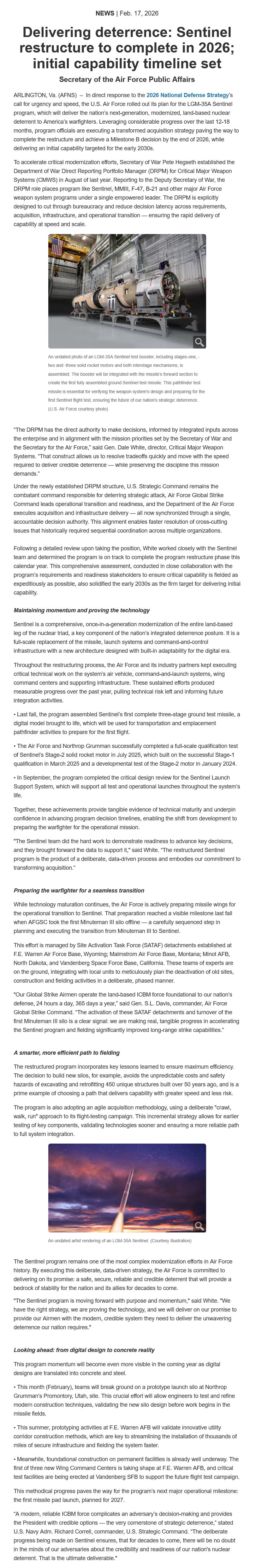 Sentinel ICBM Restructure on Track for Completion by End of 2026 with ...