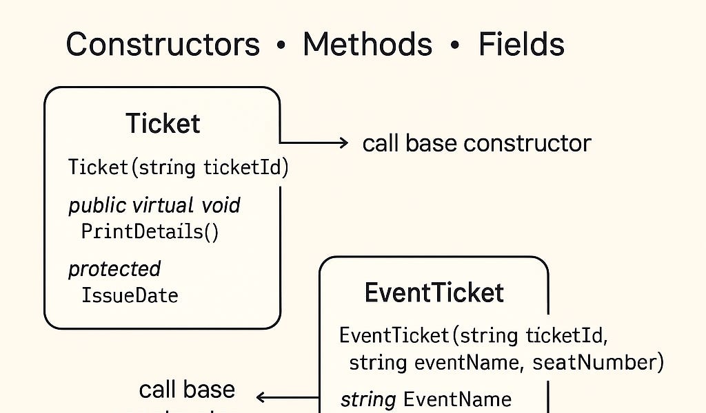 The base Keyword in C#: Constructors, Methods, and Fields—Ticketing Example