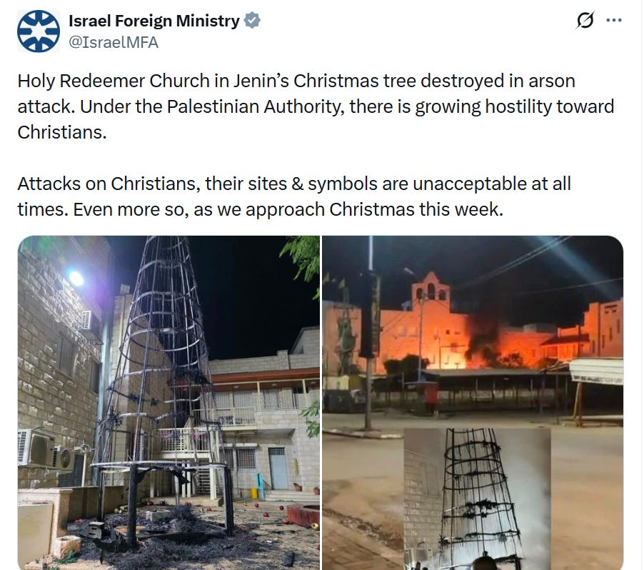 Palestinian Extremists Suspected in Christmas Tree Arson at Jenin Church