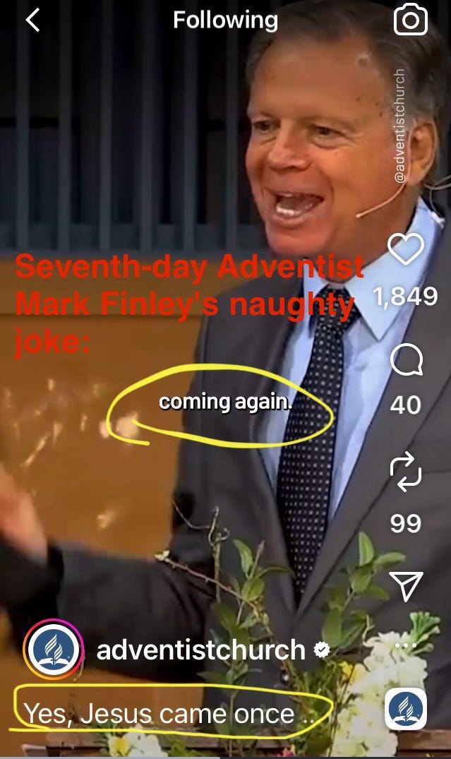 Seventh-day Adventist pastor Mark Finley's naughty sermon joke