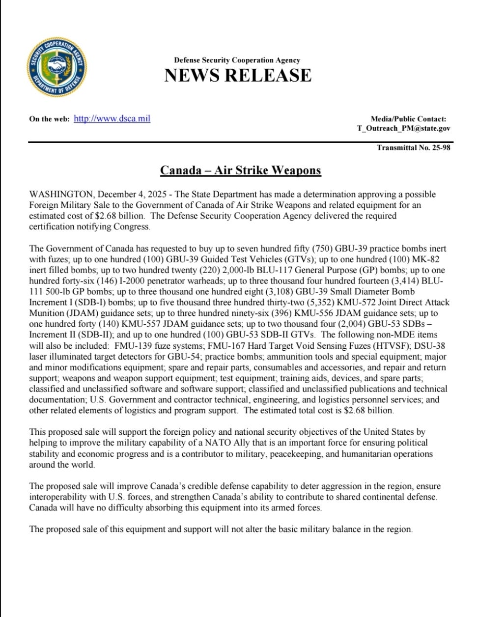 U.S. Stae Department approve new arms package to Canada, Small Diameter ...