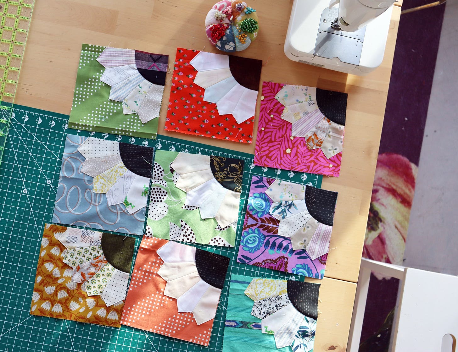 Coneflower patchwork - by Rachel LaBour - stitched in color