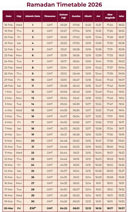 Ramadan Calendar 2026 UK | Accurate Ramadan Timetable