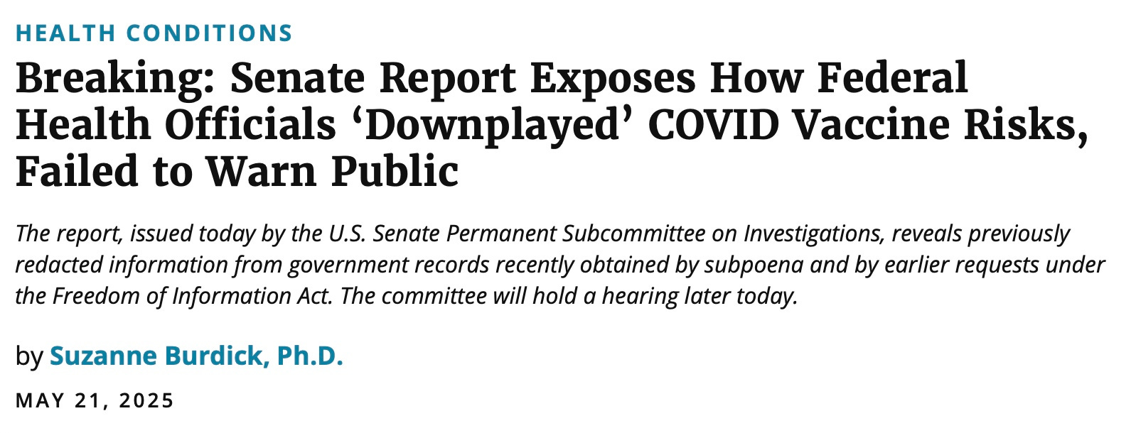 Senate hearing today on how the Biden HHS hid the truth on vaccines ...