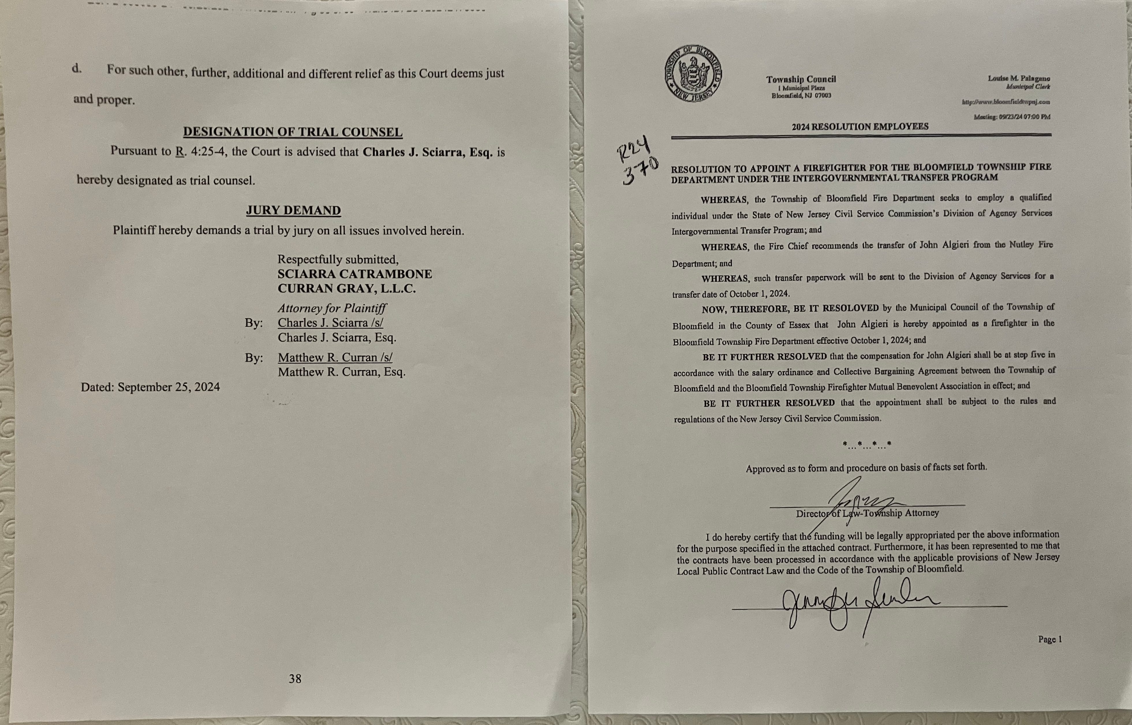 EVIDENCE in The Township of Nutley Firefighter case dated 9/25/24