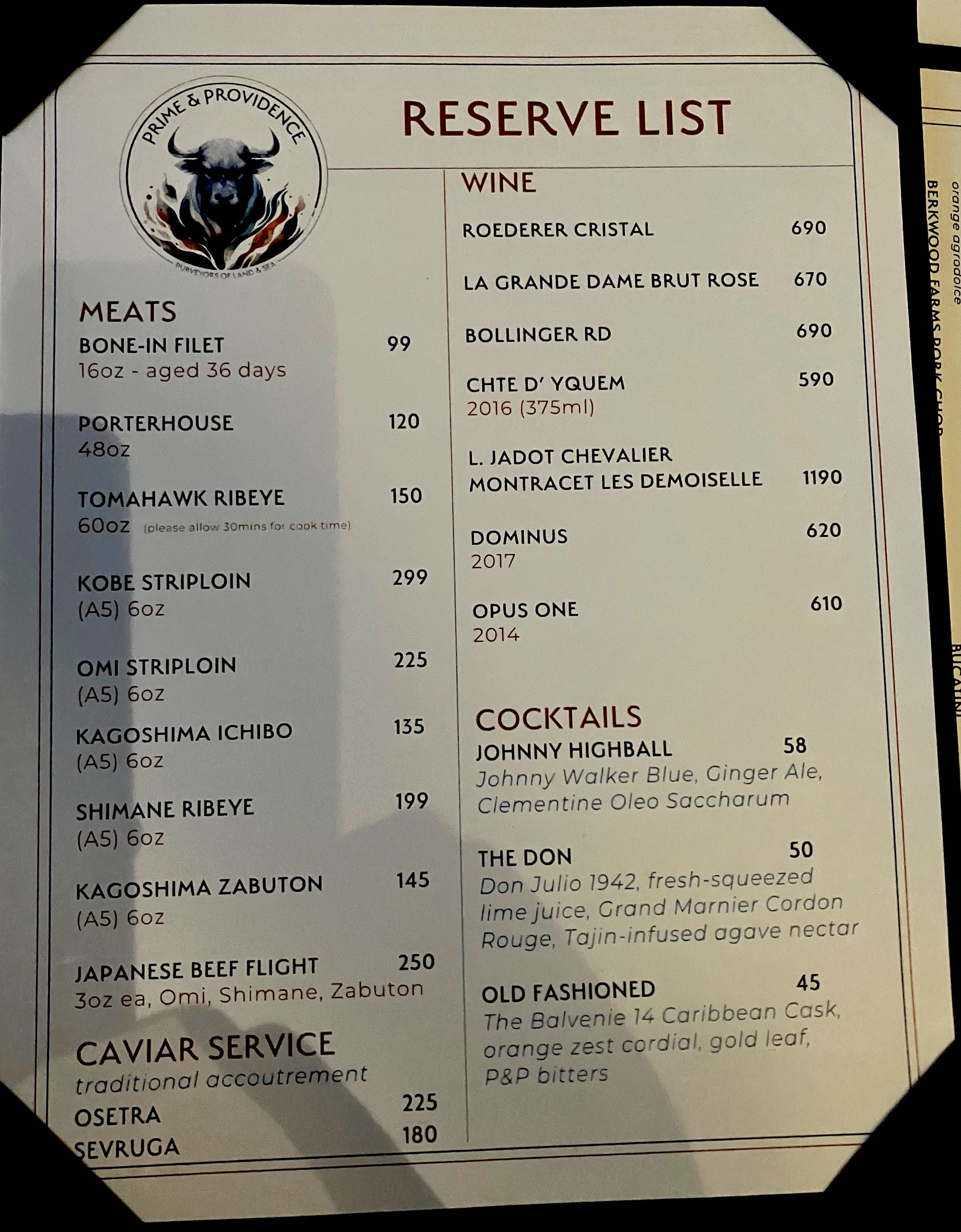 The Menu at Prime & Providence—with Prices