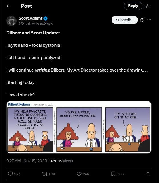Scott Adams losing use of his hands: Turns over Dilbert drawing to his ...