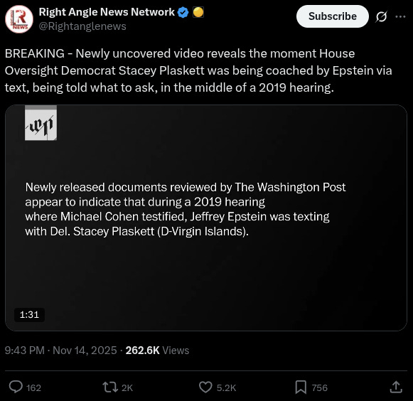 WATCH: Democrat Plaskett Was Texting Jeffrey Epstein During Michael ...