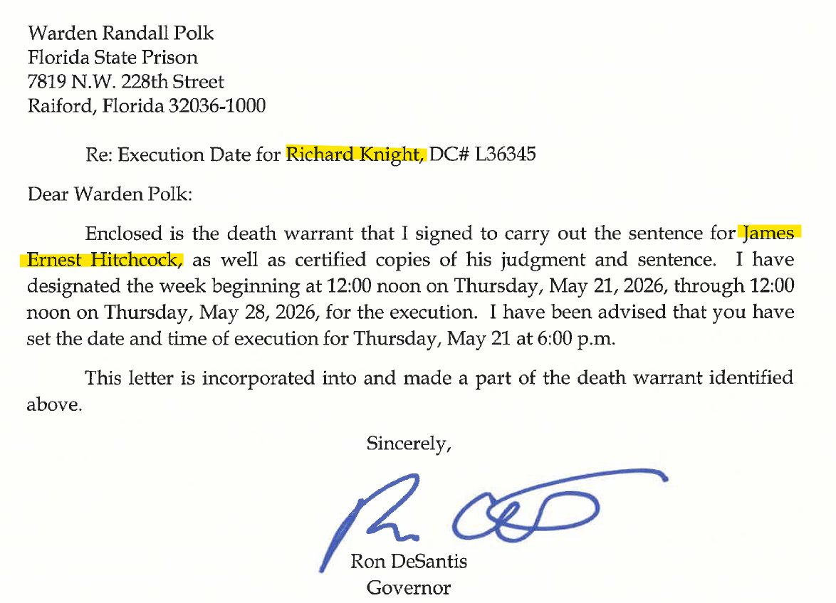 NEW WARRANT: Richard Knight's execution scheduled 5/21/2026