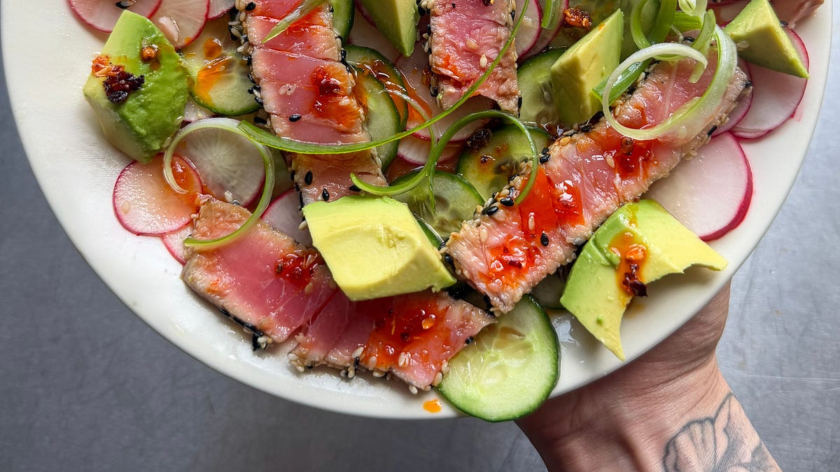 Sesame-Crusted Tuna with Avocado, Cucumber, Radish and Chilli Crisp Soy