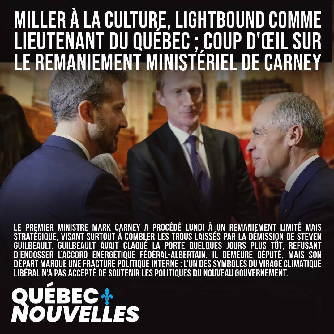 Miller à la culture, Lightbound comme lieutenant du Québec ; coup d’œil ...