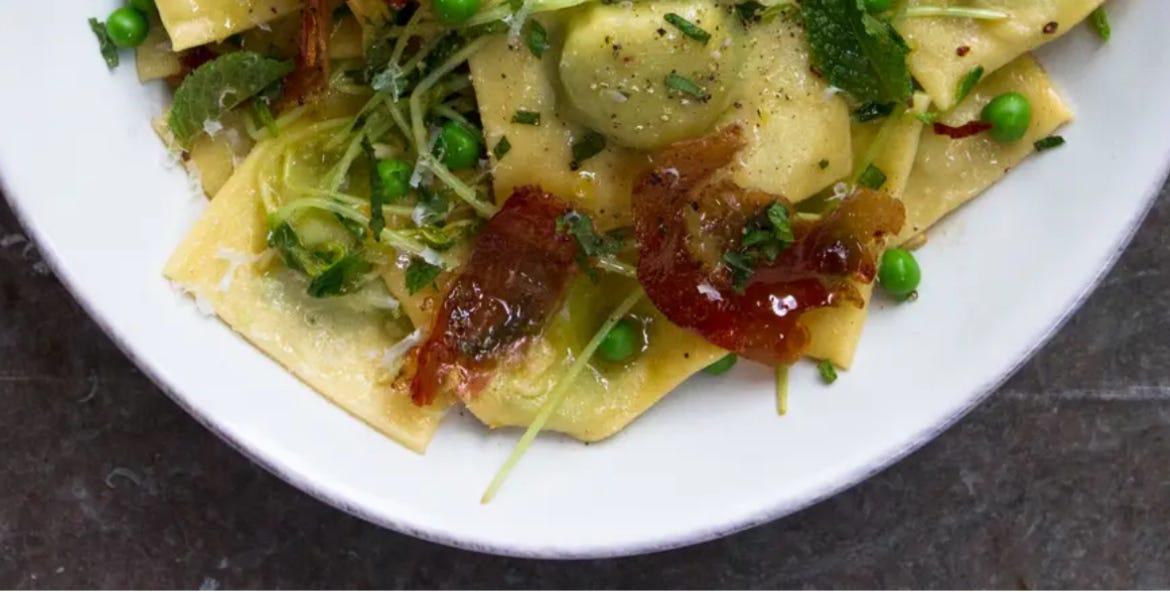 Spring Pea Ravioli with Crispy Prosciutto