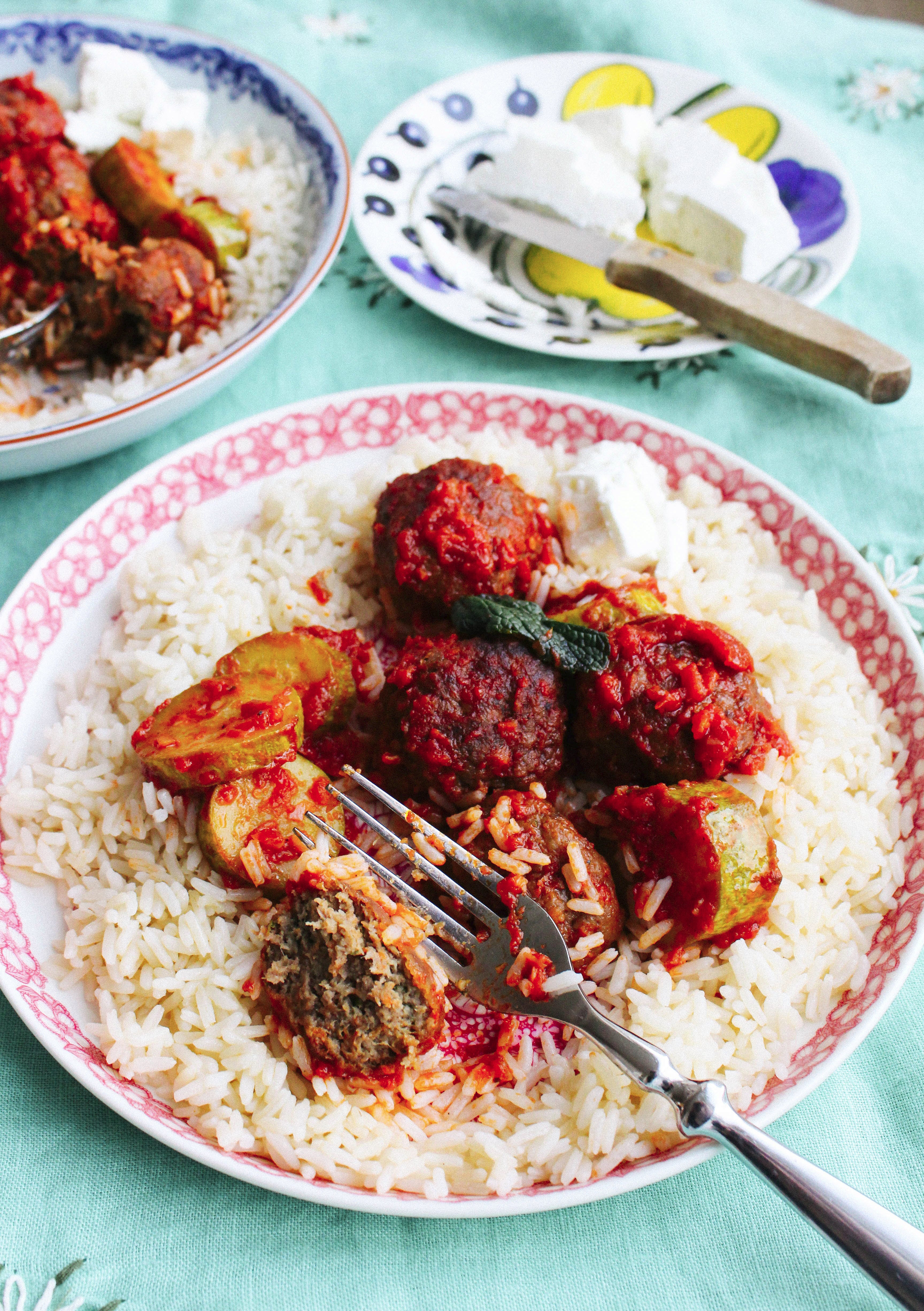 Greek Keftedes (meatballs) and zucchini in a warmly spiced tomato sauce ...