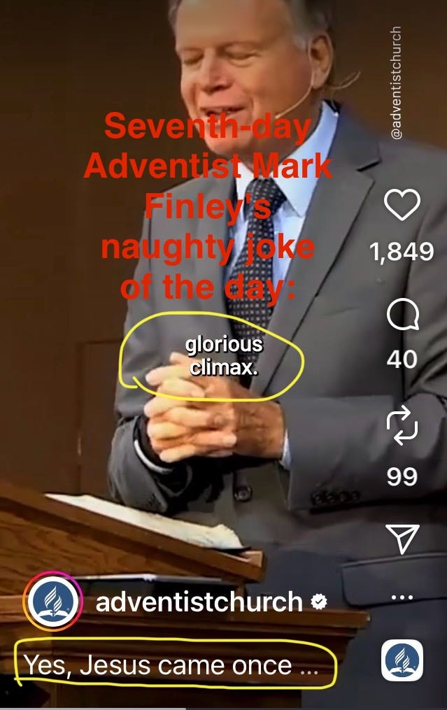 Seventh-day Adventist pastor Mark Finley's naughty sermon joke