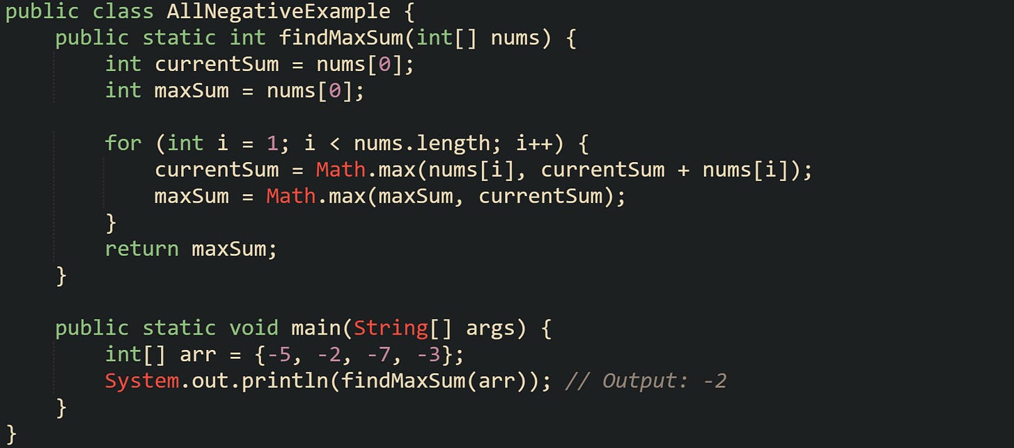 Kadane's Algorithm for Maximum Subarray in Java