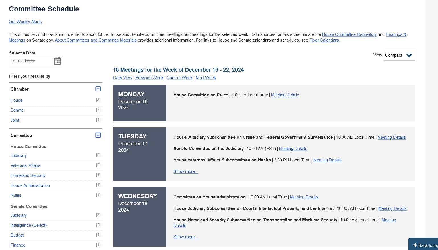 Calendars for the Senate and House of Representatives