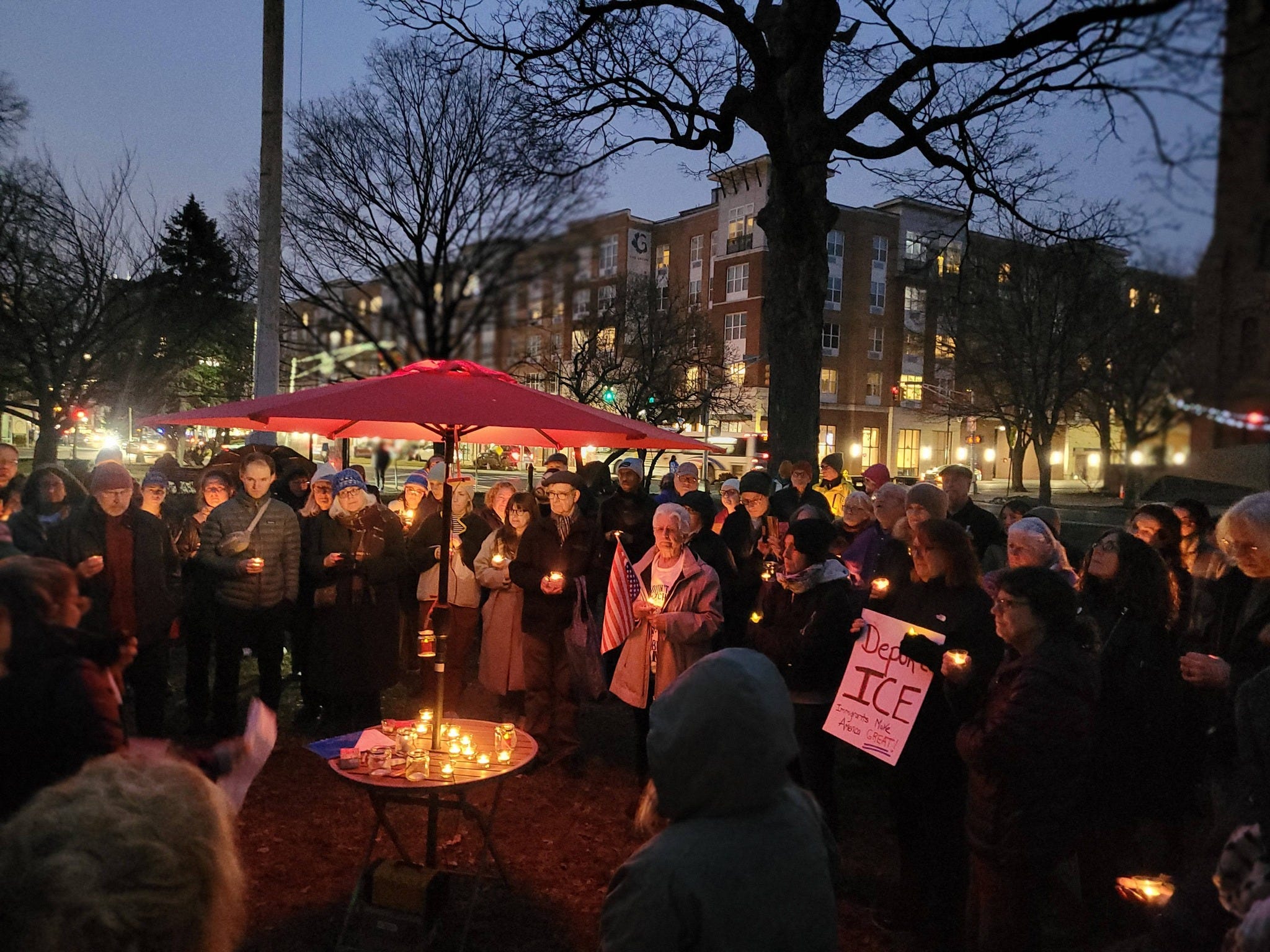 A Vigil for Renee Good in Bloomfield at Dusk on Friday