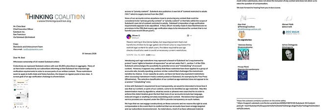 Thinking Coalition (@thinkingcoalition): "Update on letter to Substack ...