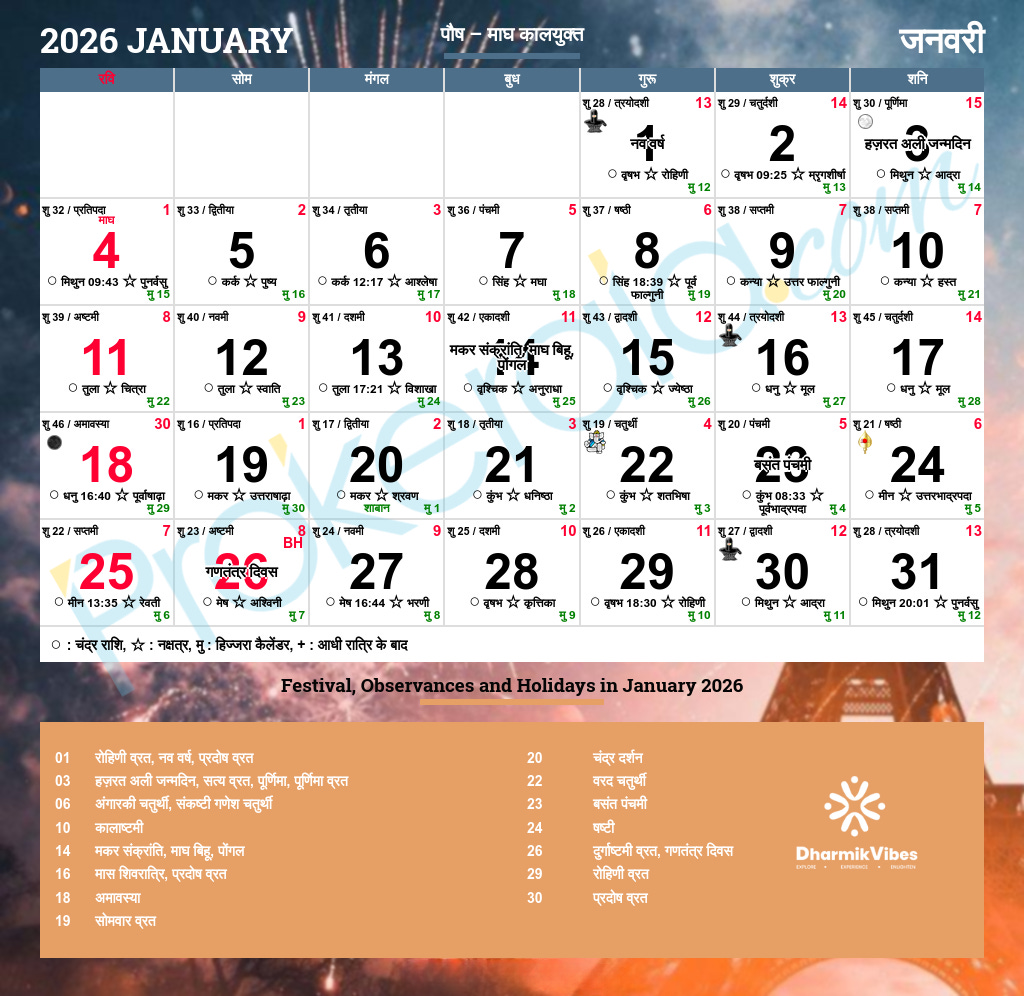 Hindu Calendar – January 2026: Festivals, Vrats, Panchang & Detailed ...