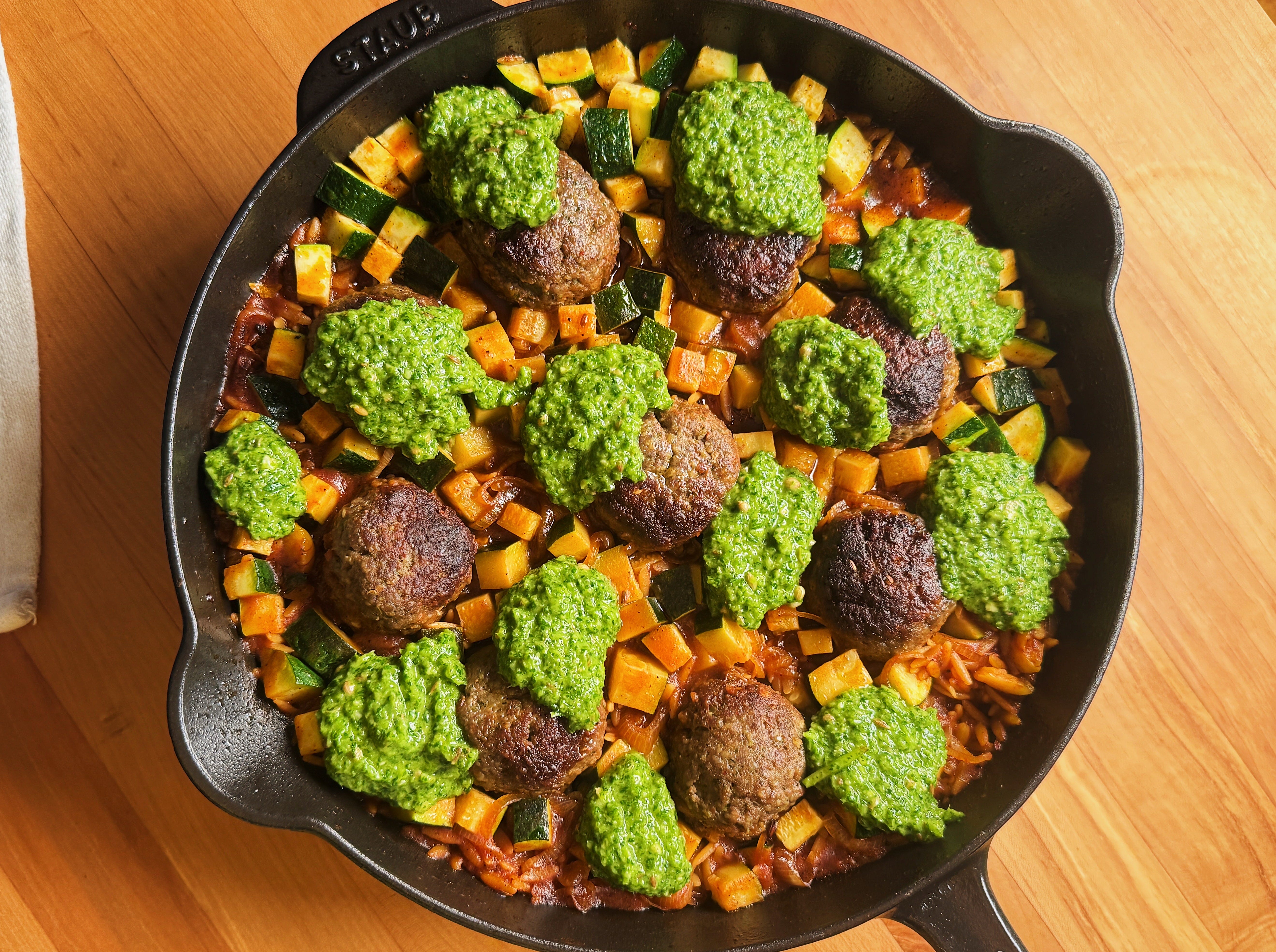 One-Pan Zhug Meatballs with Orzo - by Carolina Gelen