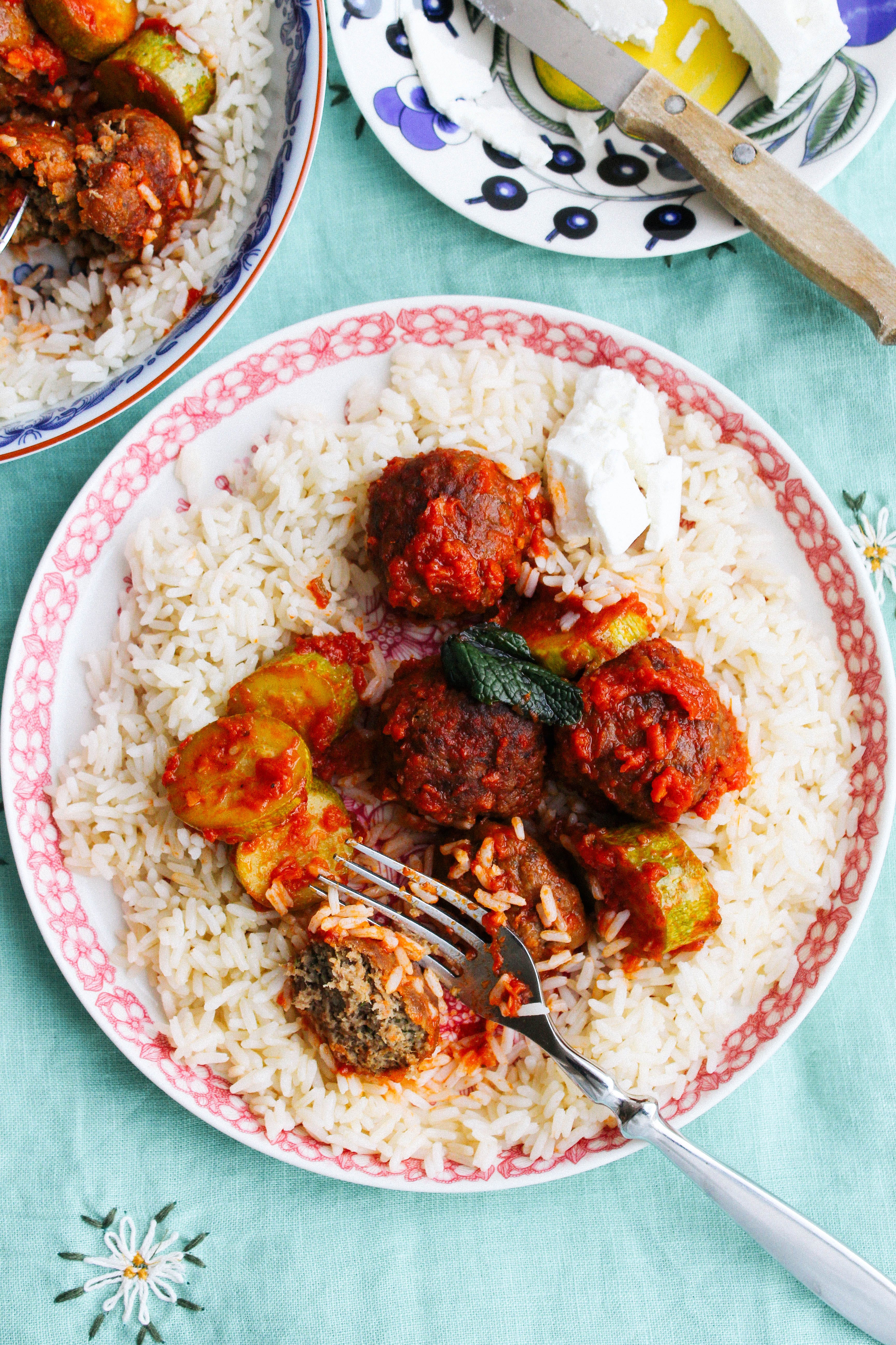 Greek Keftedes (meatballs) and zucchini in a warmly spiced tomato sauce ...