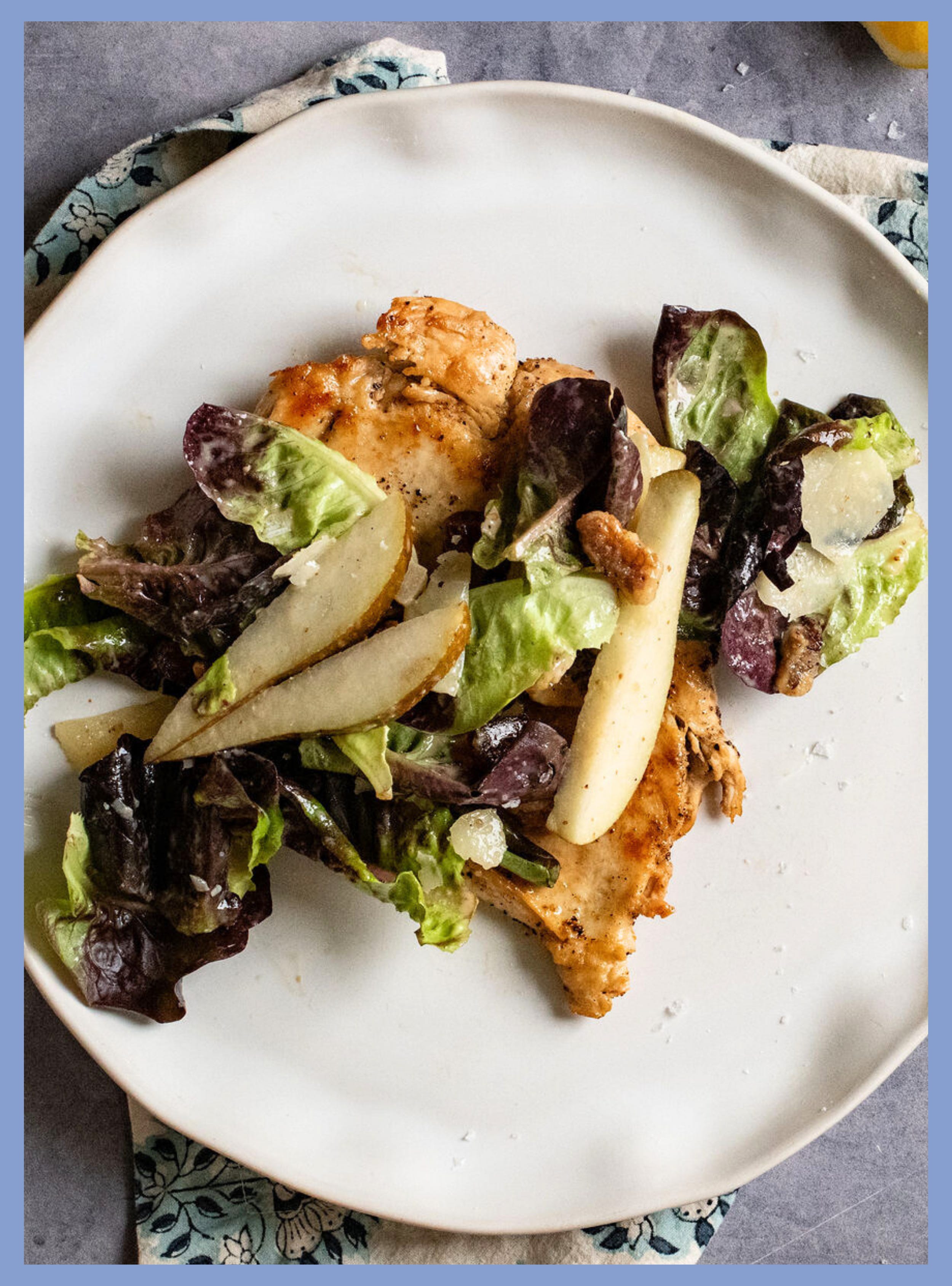 chicken paillard with a pear & manchego salad