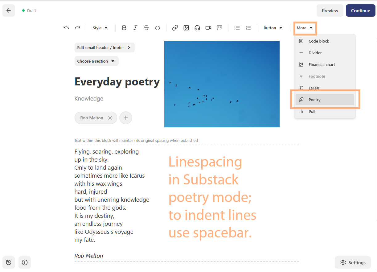 Poets: Use this 'More' menu to set your poem exactly the way you want it