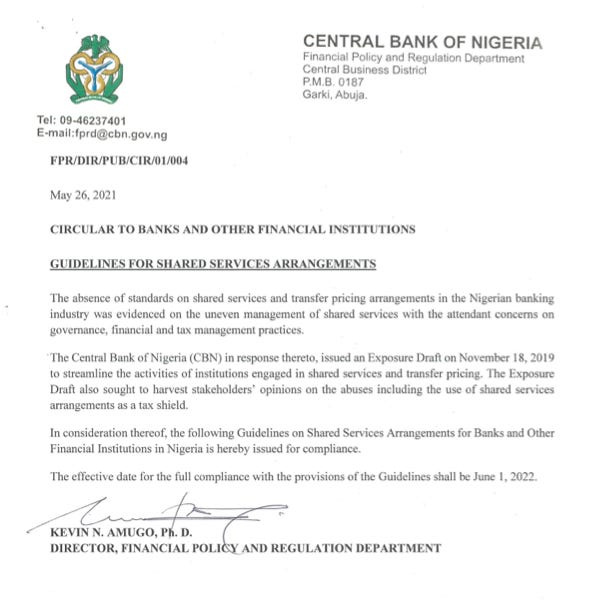 Alert: Central Bank of Nigeria Circular FPR/DIR/PUB/CIR/01/004