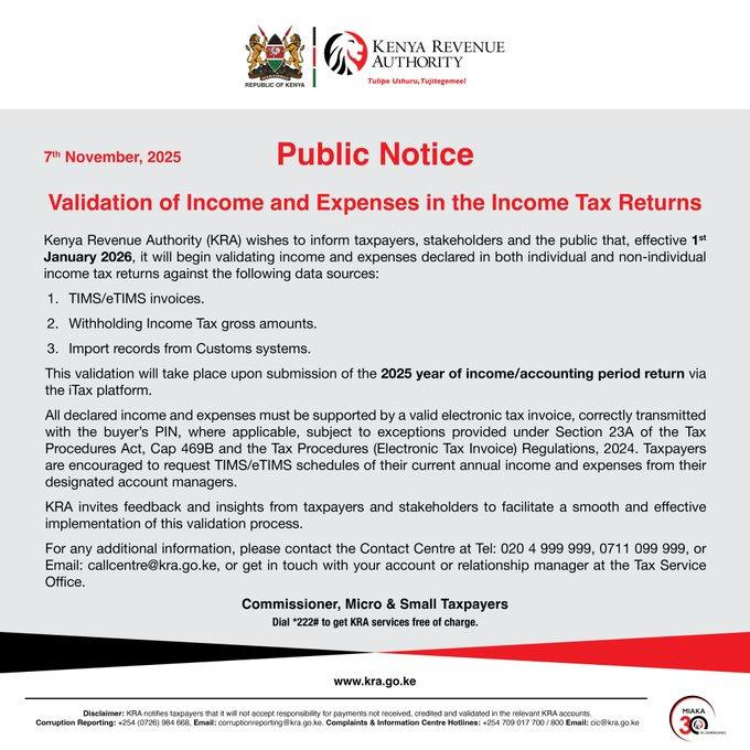 KRA's Public notice on validation of income and expenses in the income ...