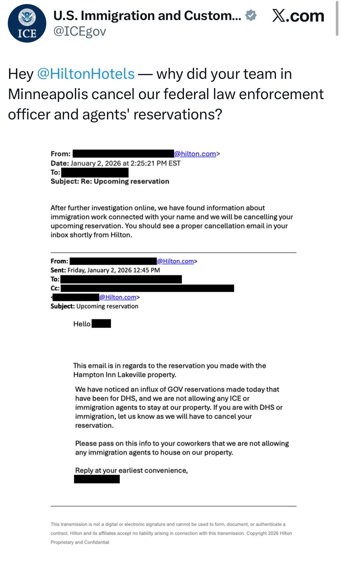 NEWS: ICE and DHS Furious as Hilton Hotel Cancels Reservations for ...