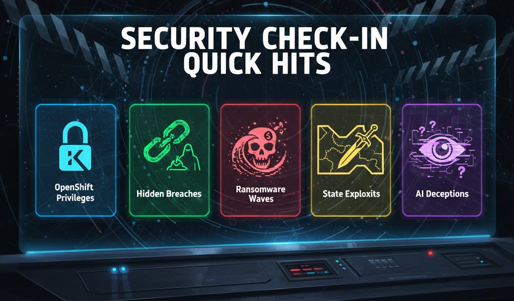 Security Check-in Quick Hits: OpenShift Privileges, Hidden Breaches, Ransomware Waves, State ...