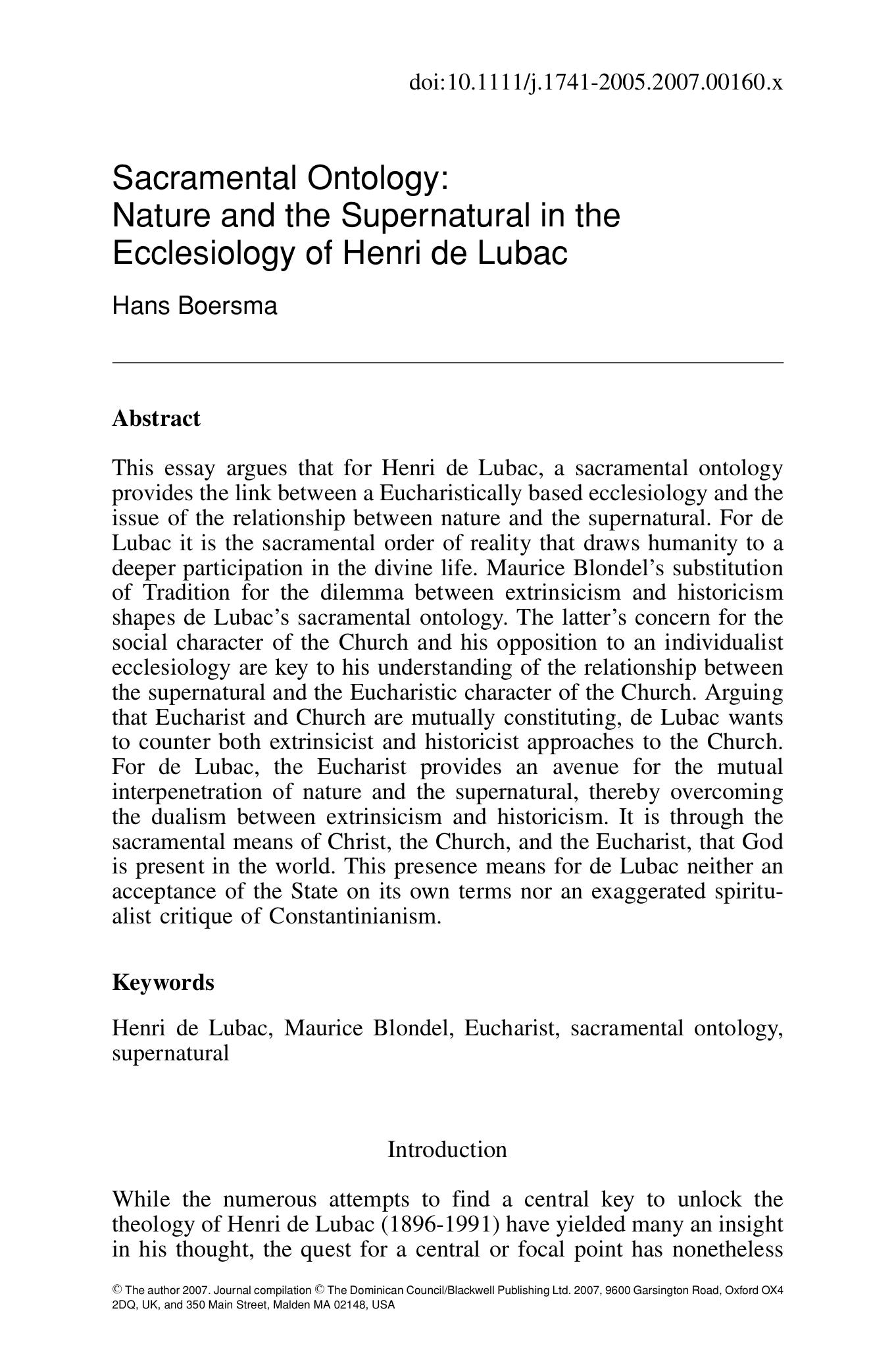 Sacramental Ontology: Nature and the Supernatural in the Ecclesiology ...