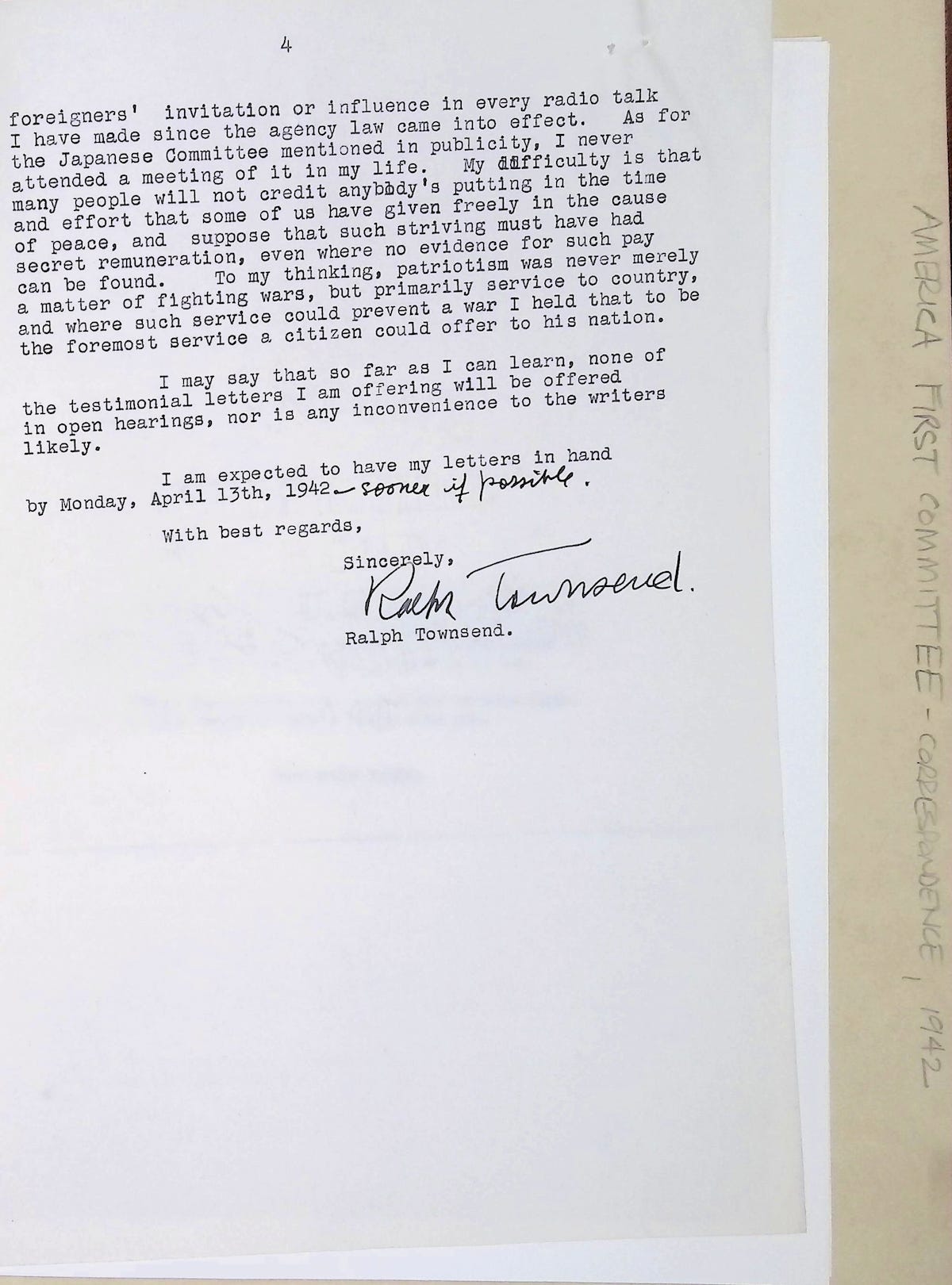 Ralph Townsend to Sen. Gerald Nye (ND), Asking for a Character Letter ...