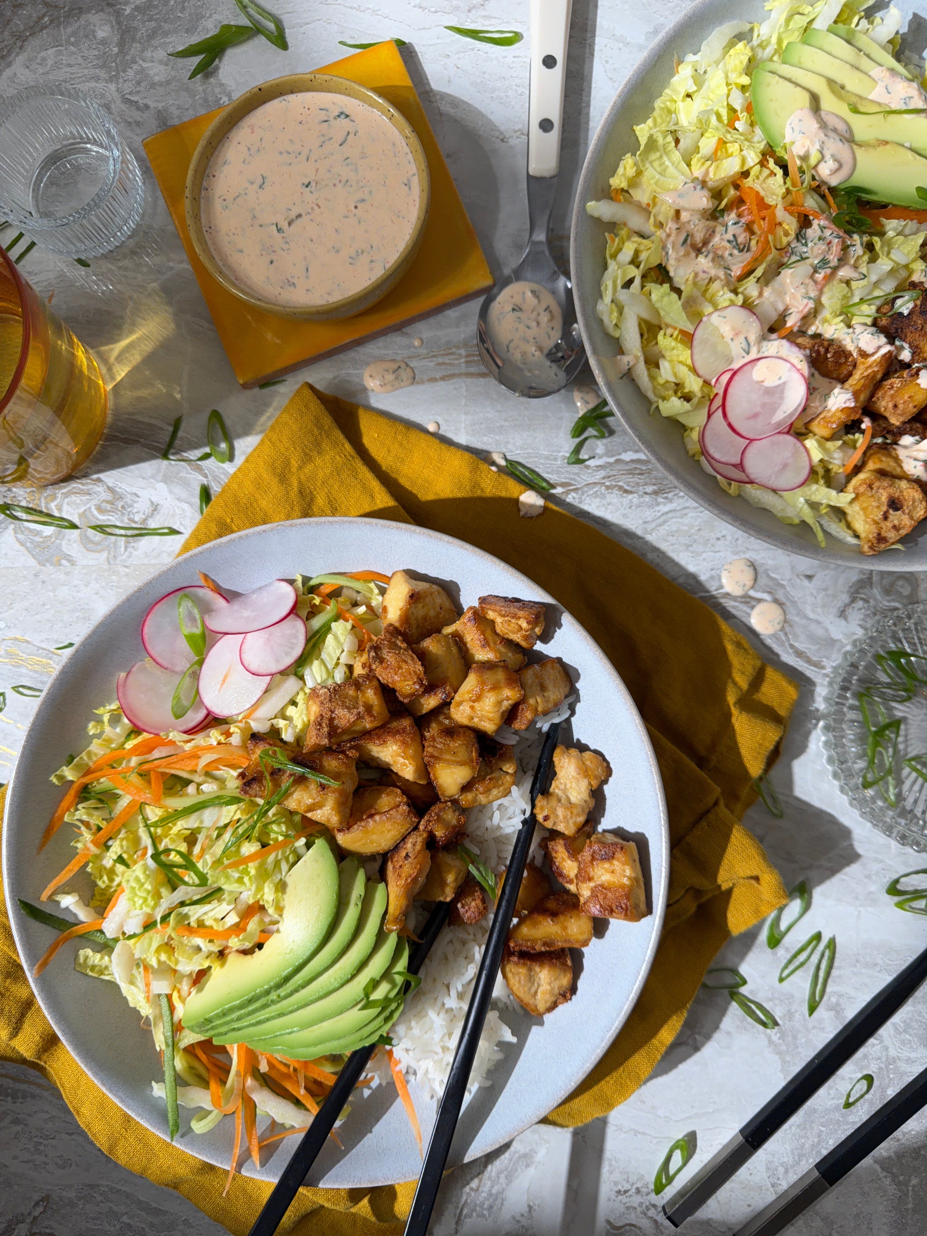 crispy tofu with crunchy veg & dill-kimchi ranch