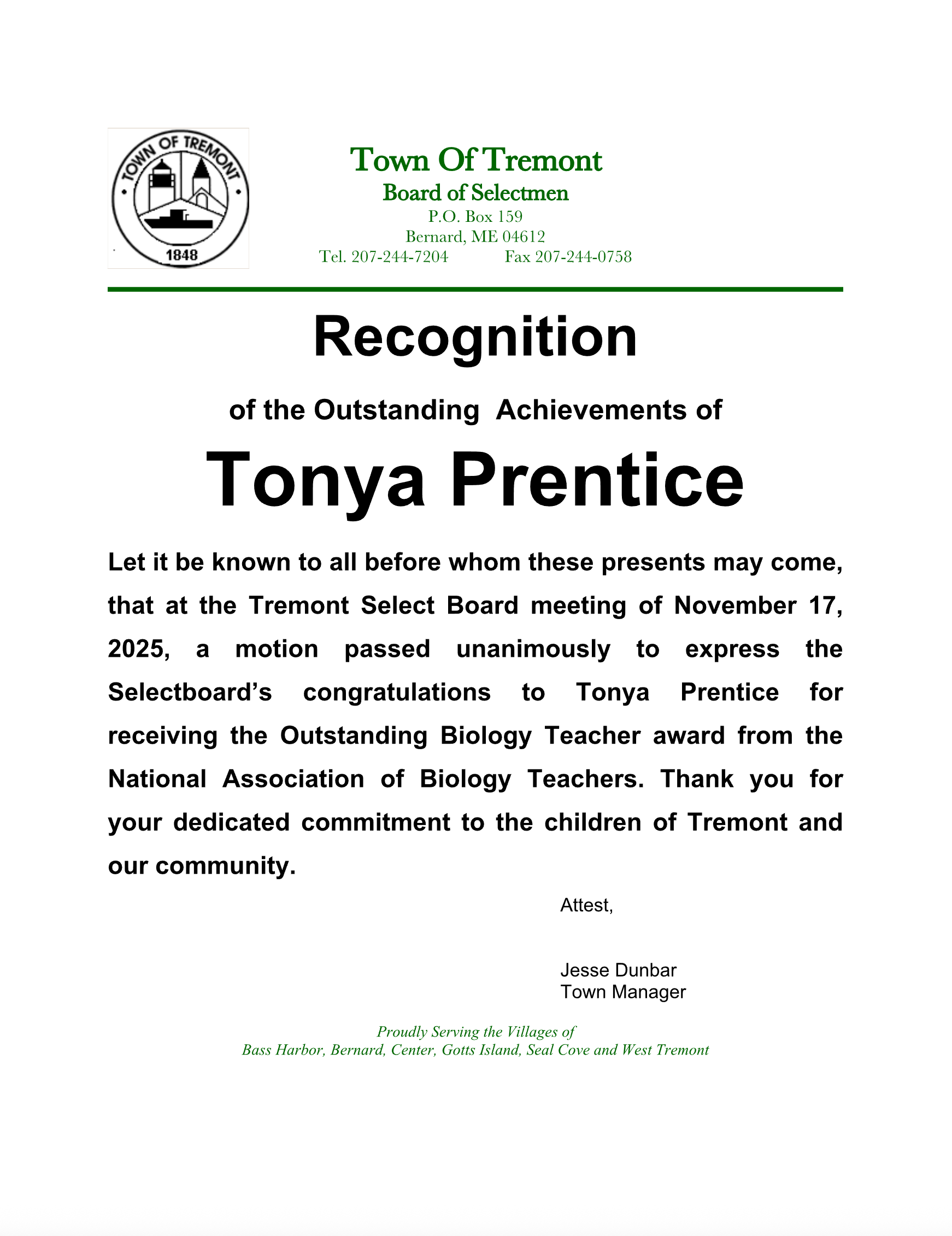Tremont Select Board Recognizes Achievement of Tremont Consolidated ...