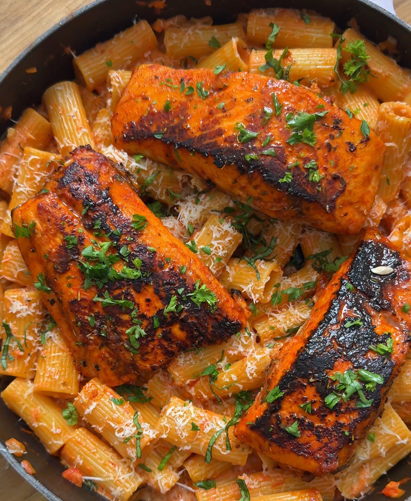 blackened salmon + creamy marinara rigatoni recipe