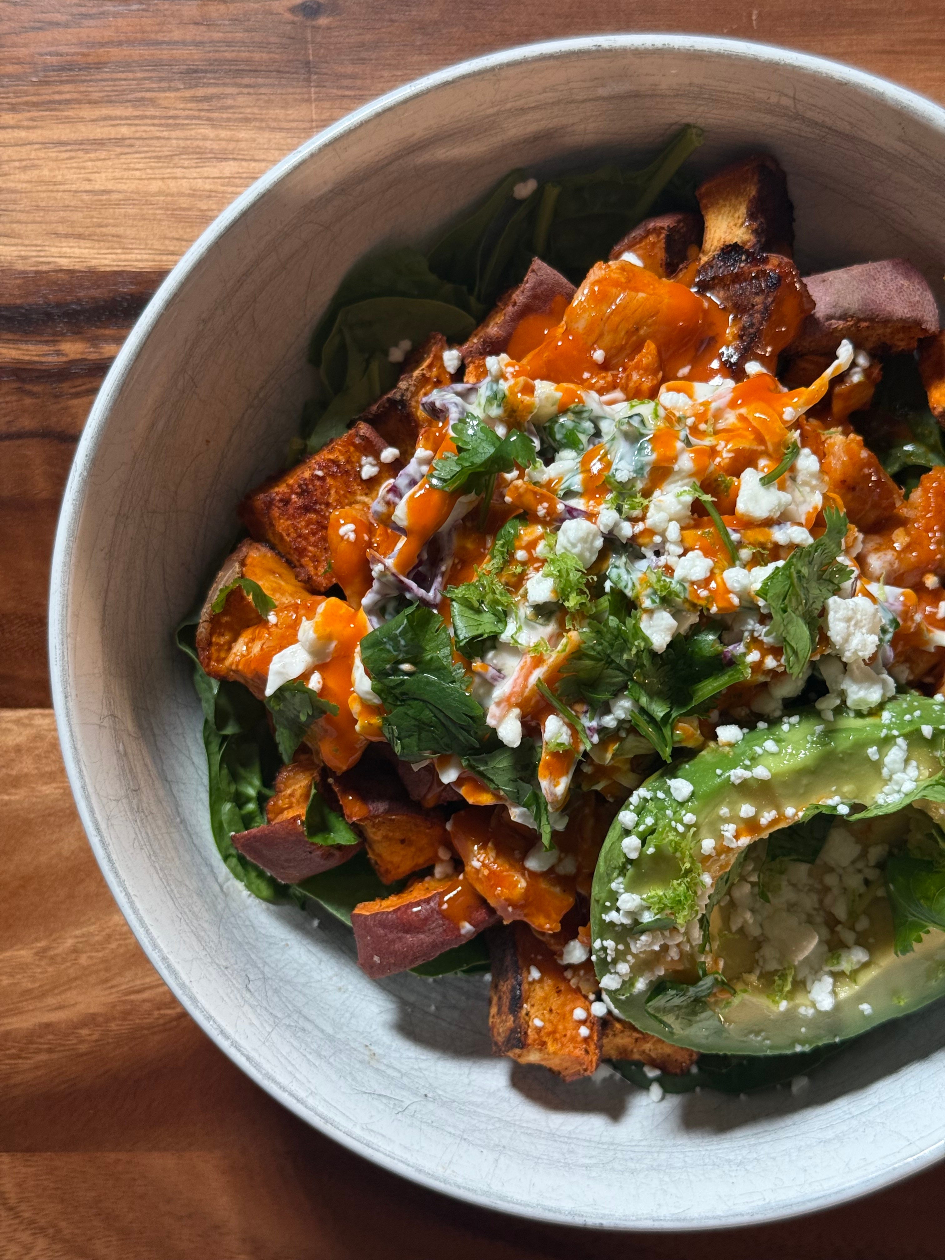 Buffalo Chicken Sweet Potato Bowl - by Ellie Teale