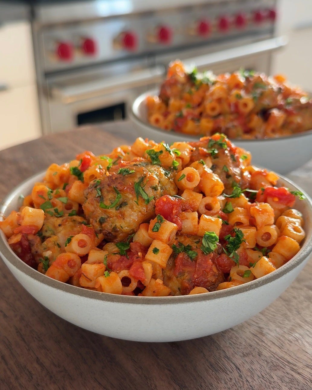 Mini Chicken Meatballs with Ditalini & Parmesan Marinara