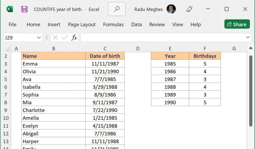 How to count cells between two dates using COUNTIFS