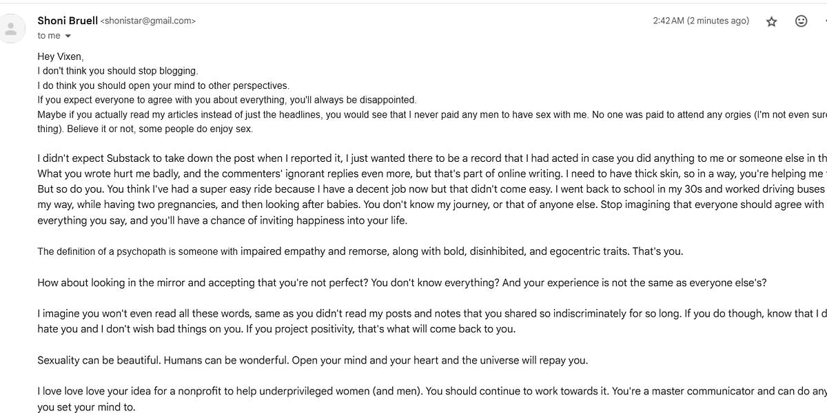 The harassment continues via email - Vixen’s Substack