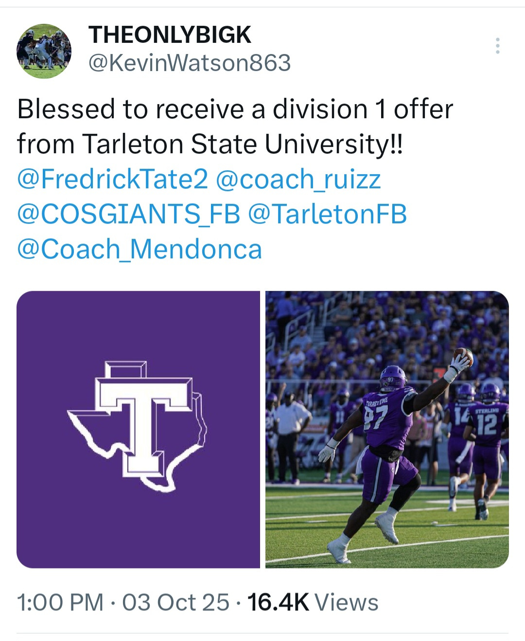 JUCO DL Kevin Watson picks up an offer from Tarleton State