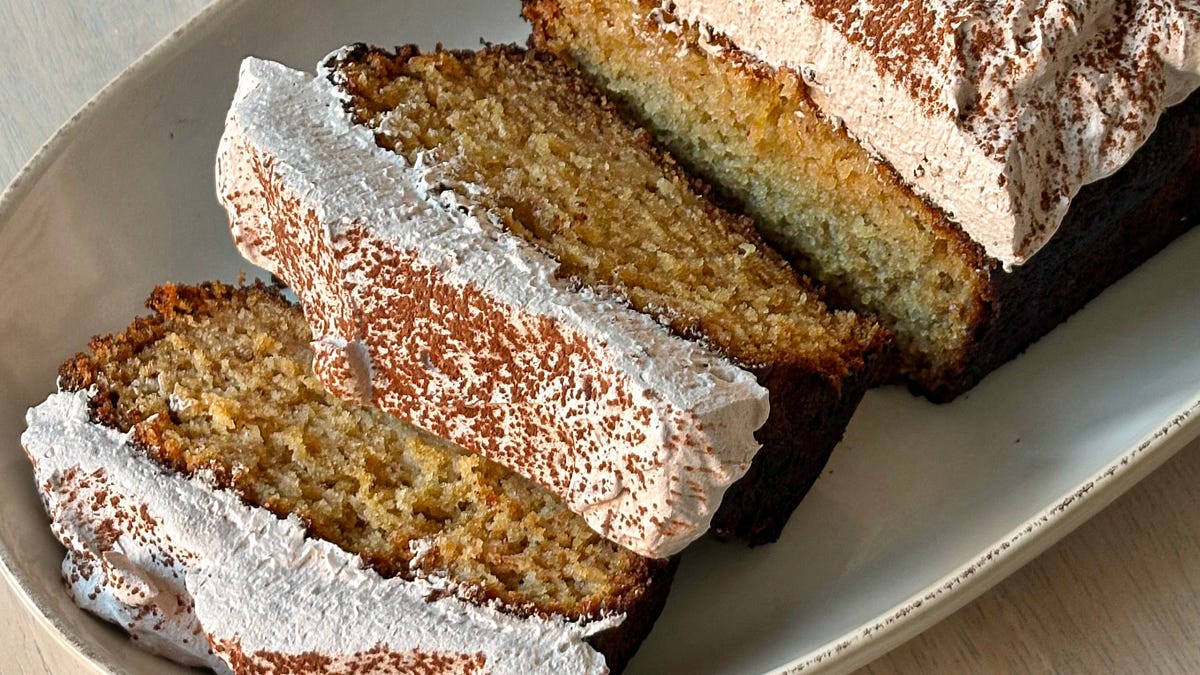 Pear Cardamom Olive Oil Cake with Cinnamon Honey Whipped Cream