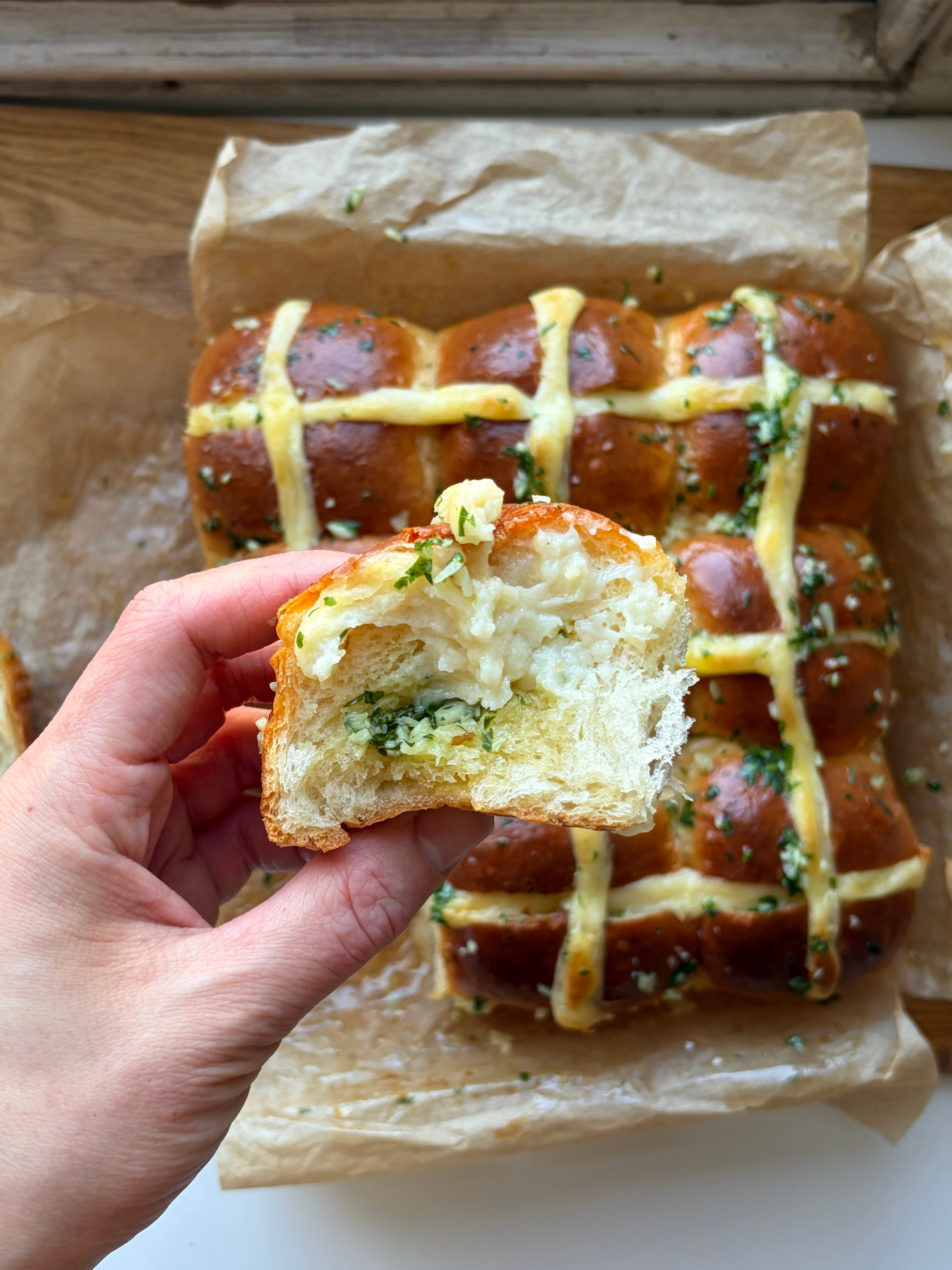 KP+: Cheesy Hot Cross Garlic Buns - by Nicola Lamb
