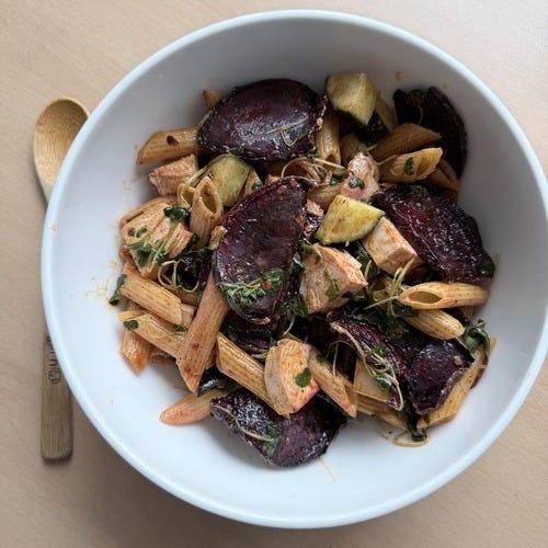 Spicy Greek Yogurt Pasta Salad with Air-Fried Beets