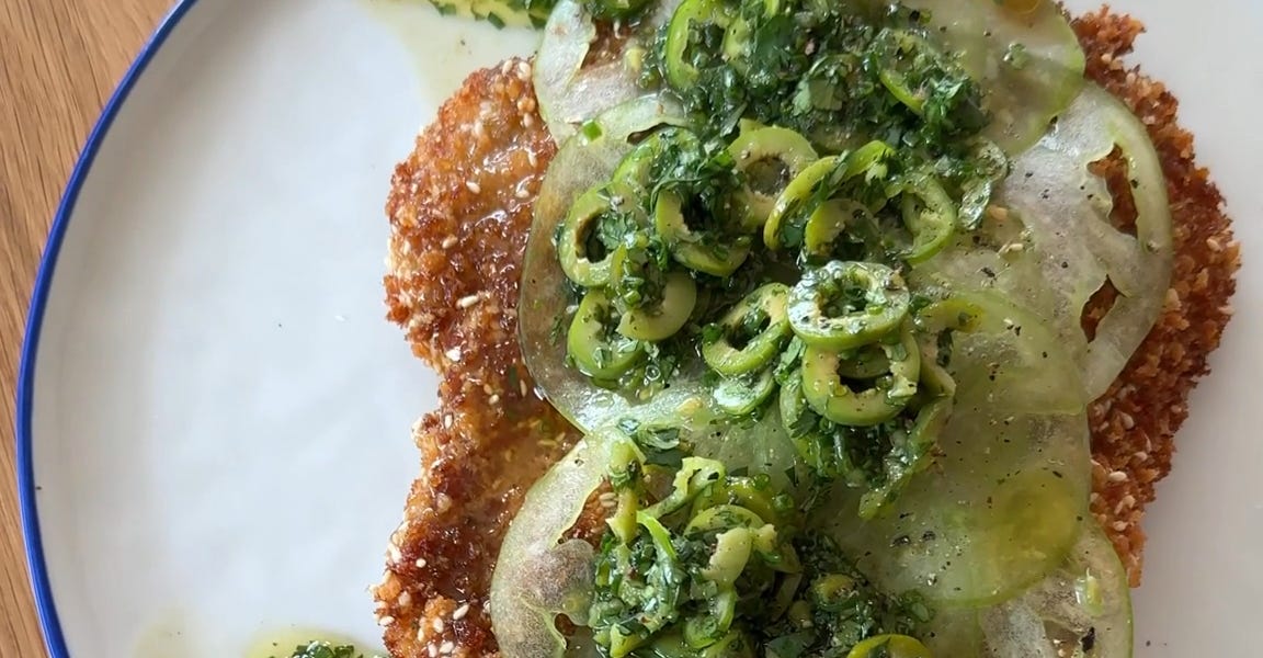 Fried Pork Cutlet with Green Tomatoes - by Chuck Cruz