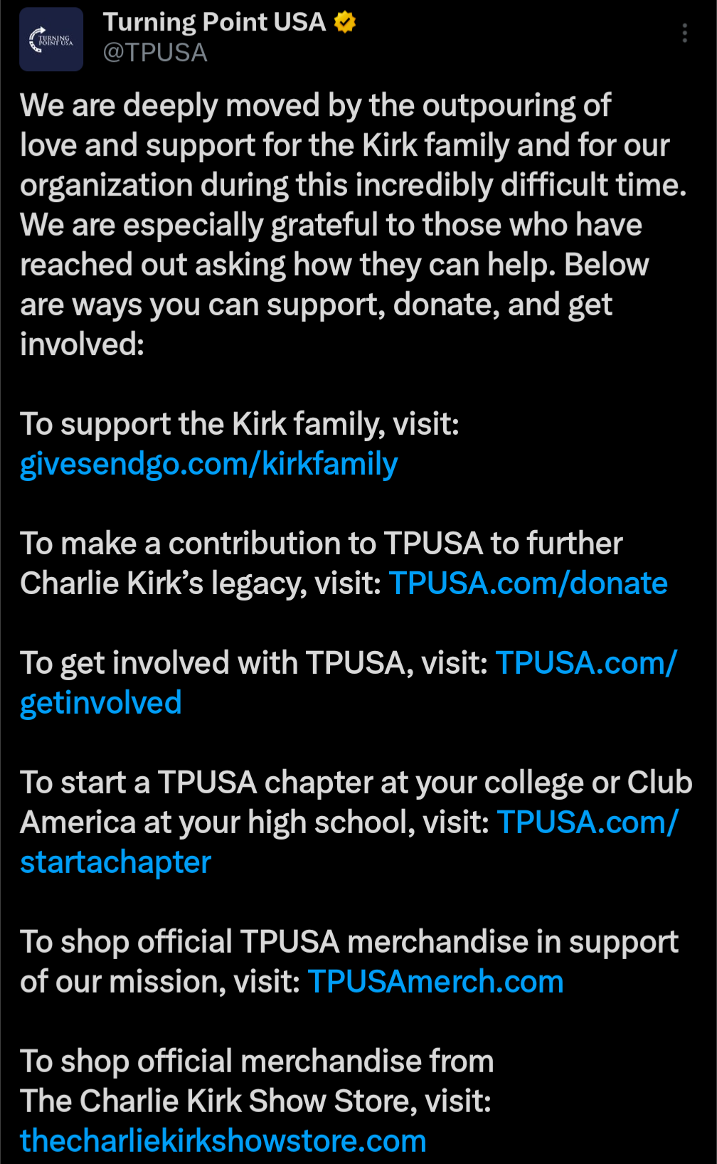 TPUSA just released a list of ways you can help the Kirk family