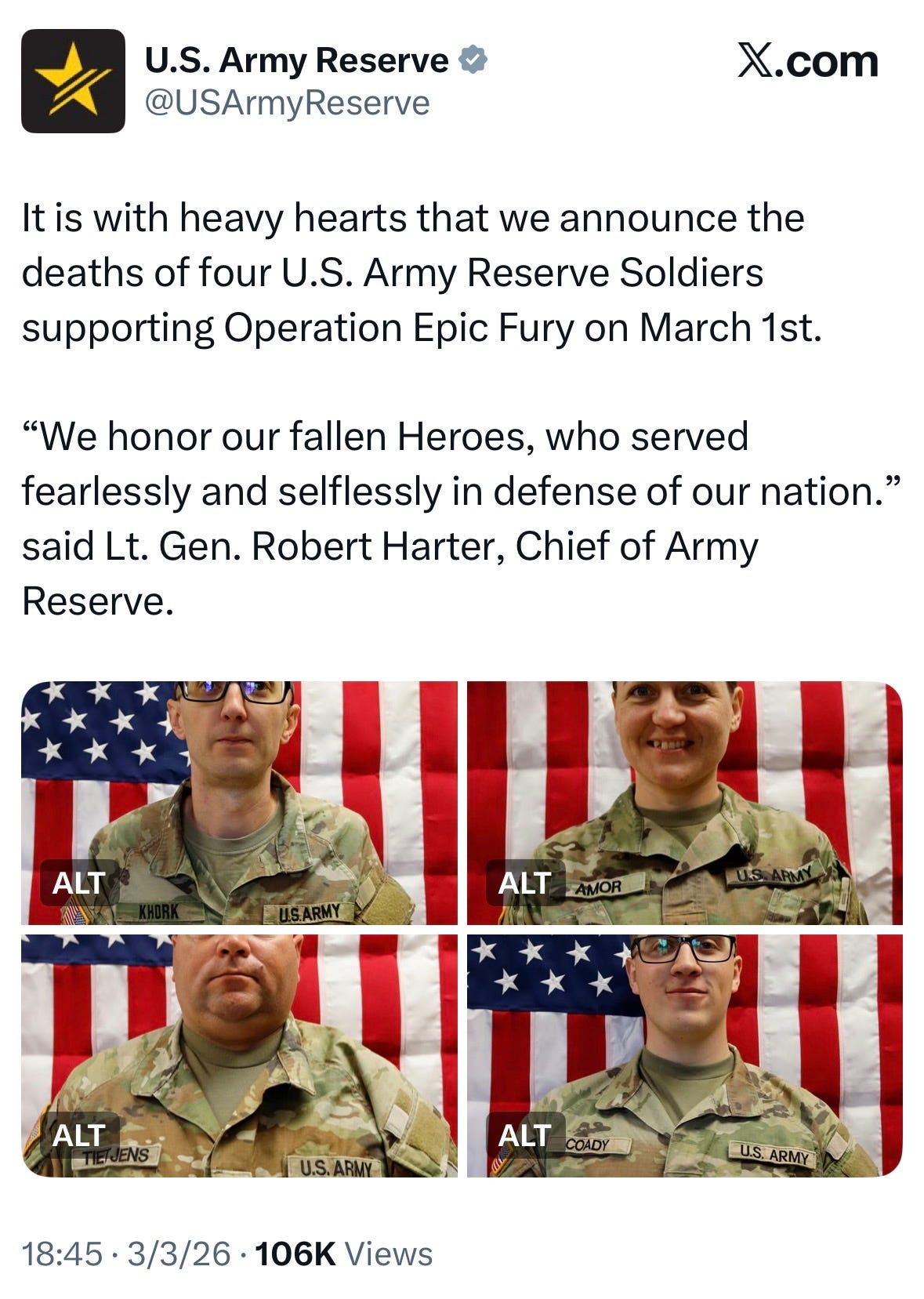 US Army Announces Names of Fallen American Heroes